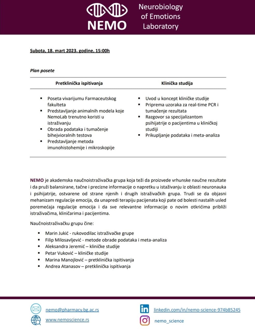 NemoLab poseta – Studentska Sekcija za Neuronauke
